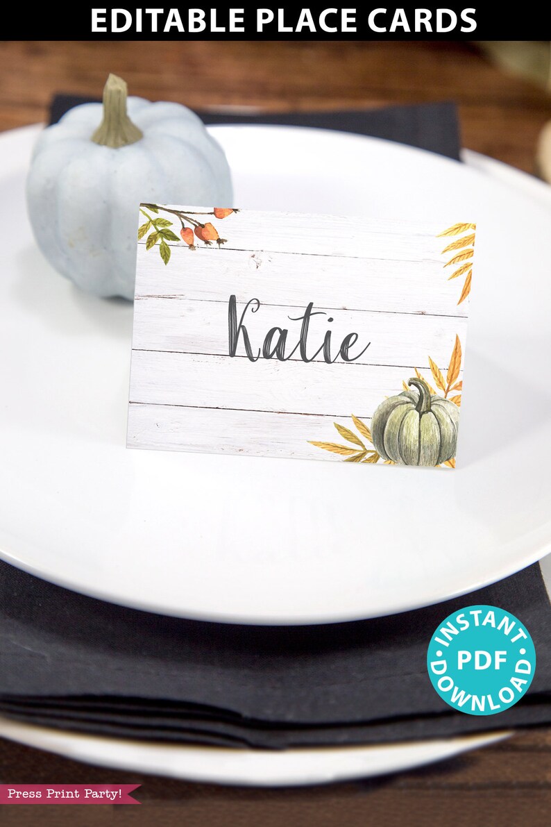 Thanksgiving Place Cards Printable Green Fall Pumpkin Place Card ...