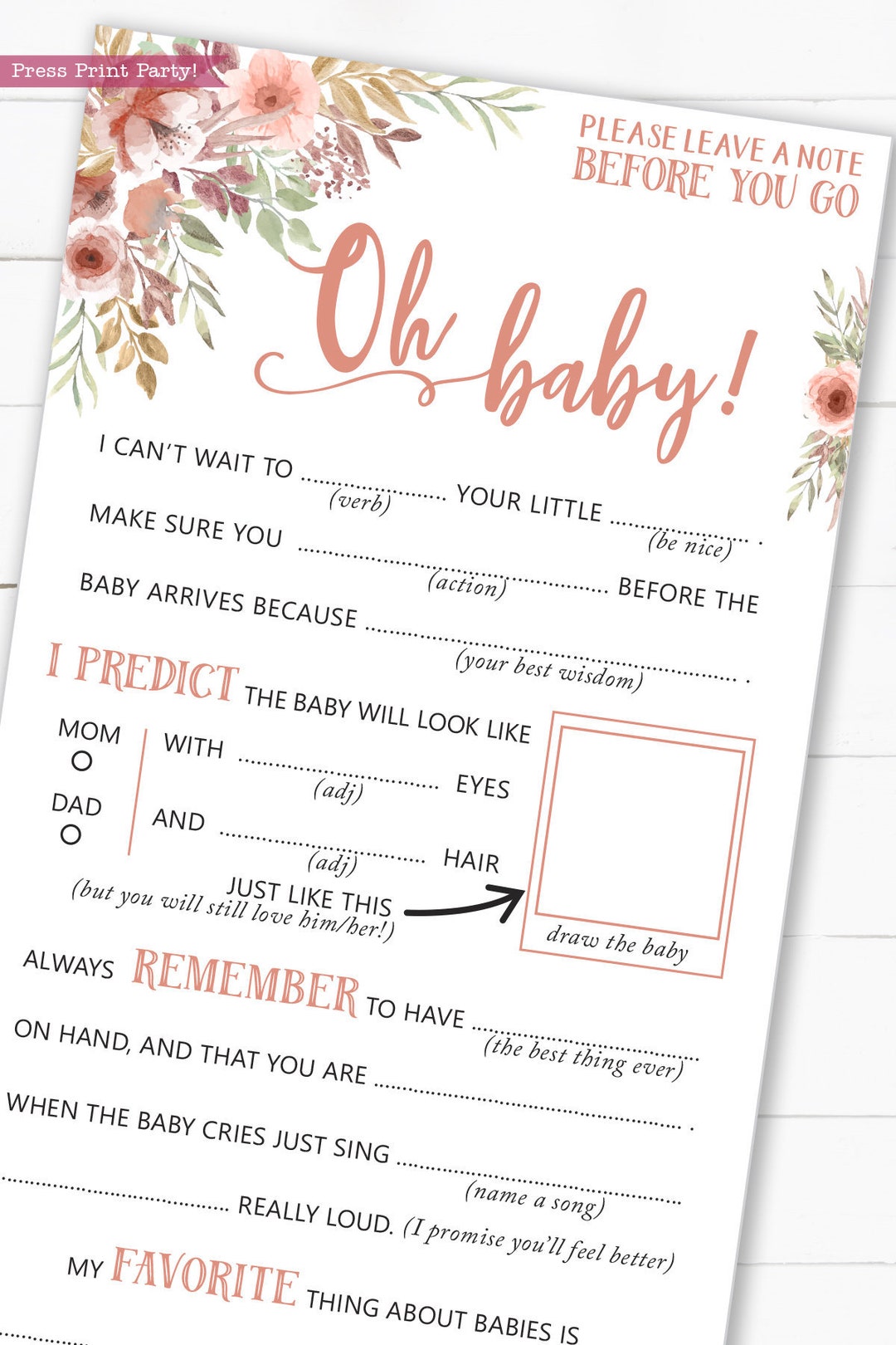 Baby Shower Mad Libs, Printable Baby Shower Games, Advice Card, Baby ...