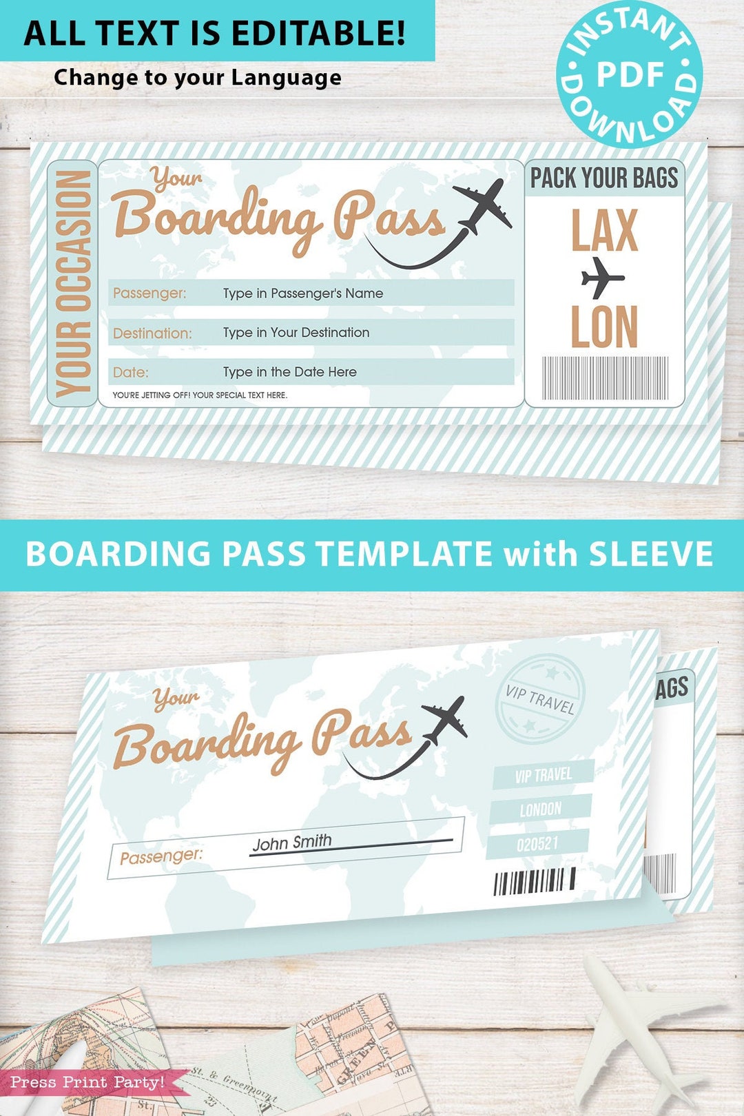 Boarding Pass Template W. Holder Editable Text Printable, Vacation ...