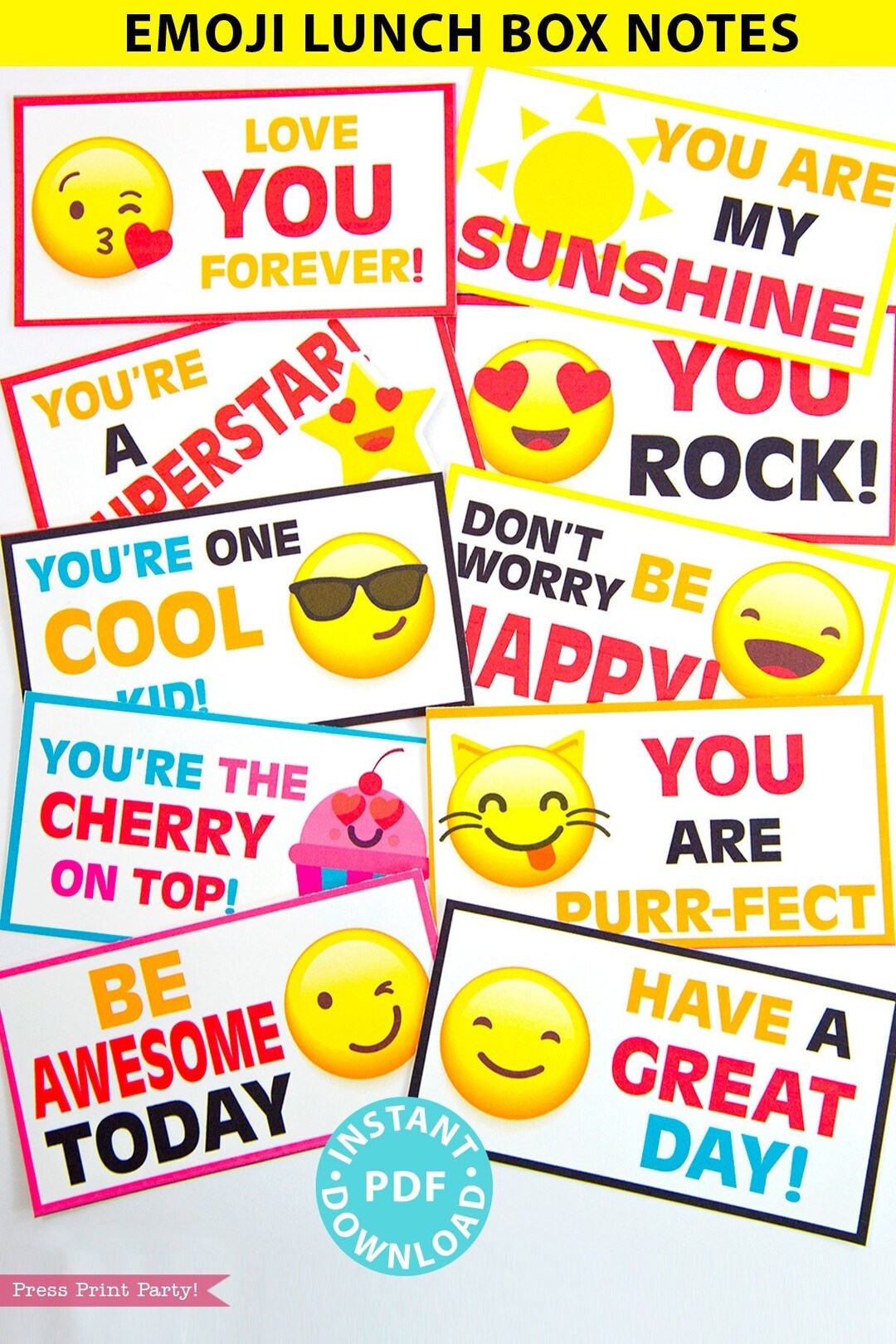 Emoji Lunch Box Notes for Kids Printable, Back to School, Kintergarten ...