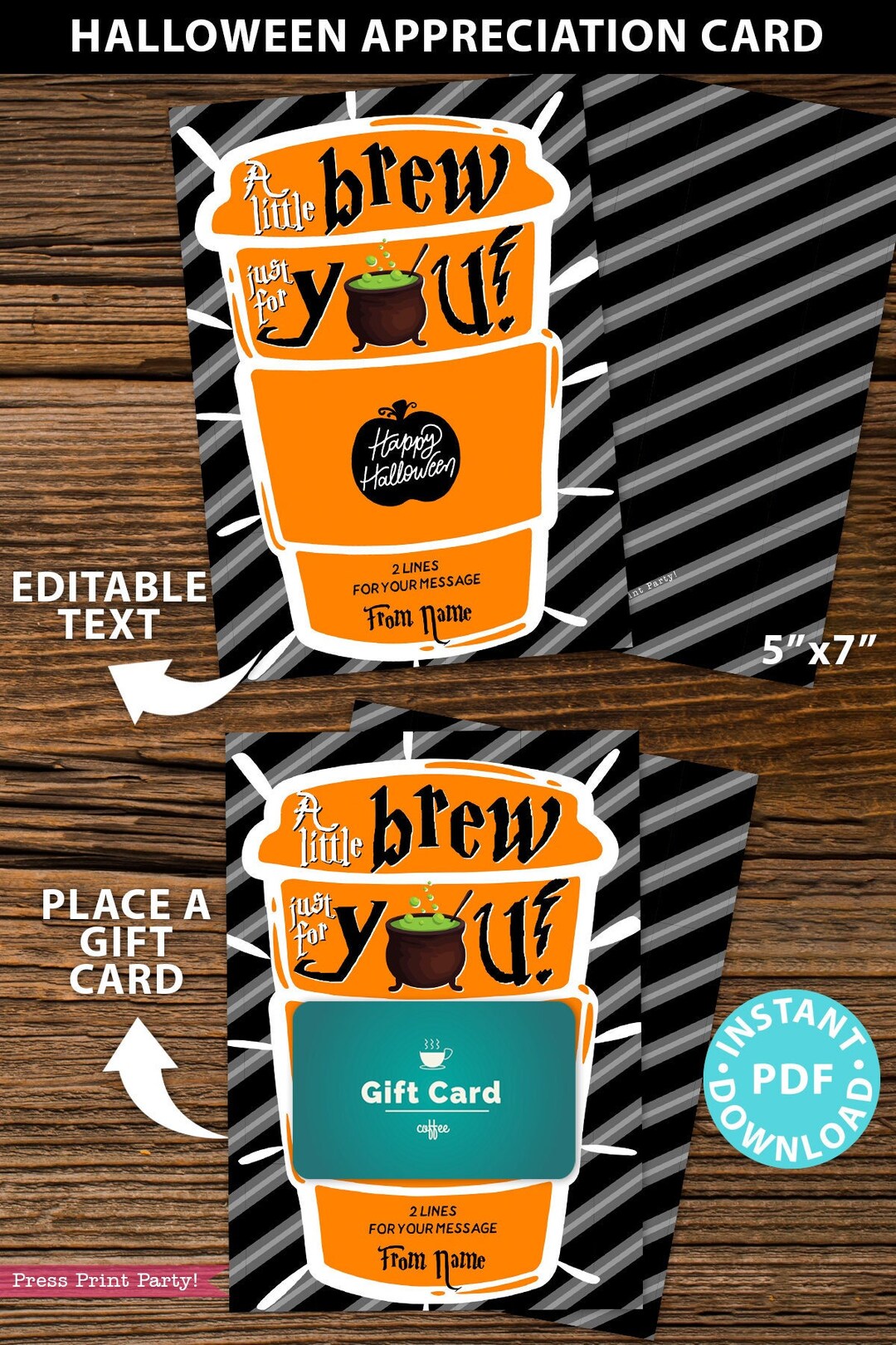 EDITABLE Halloween Coffee Gift Card Holder A Little Brew Just for You ...