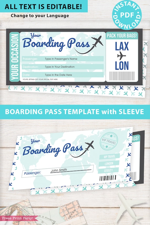 Boarding Pass Template w. Holder Editable Text Printable, Vacation ...