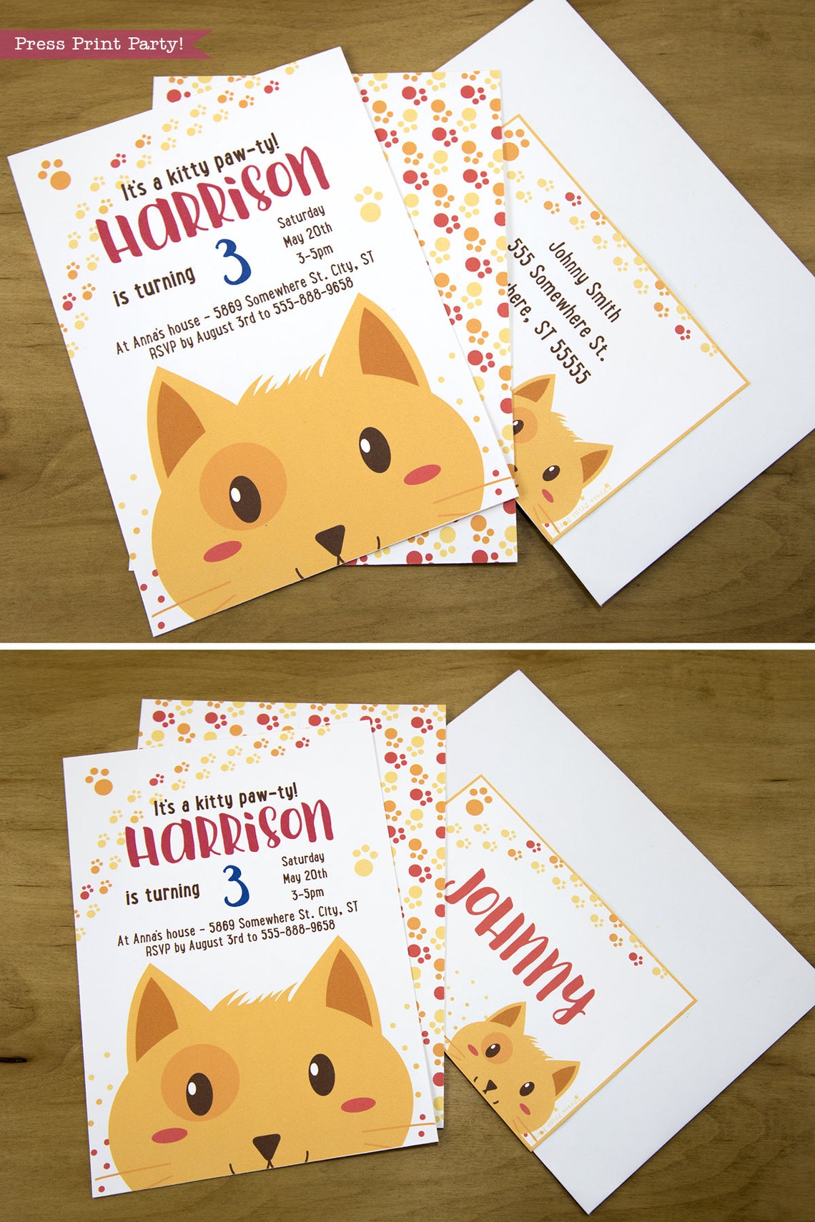 Cat Birthday Invitation Cat Party Invitation Kitty Cat - Etsy