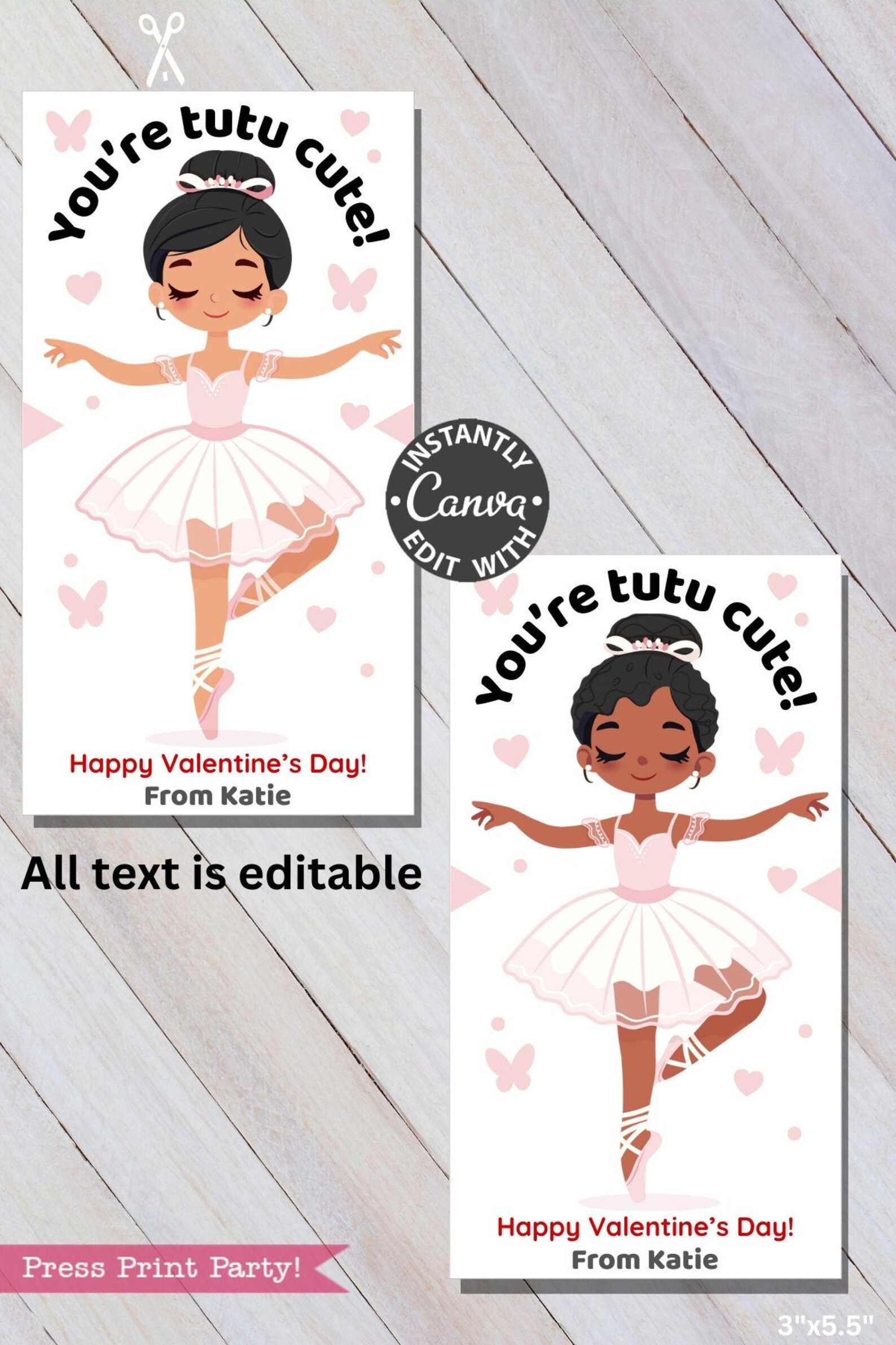 Tutu Ballerina Valentine Cards Printable, Editable Hair Scrunchie Gift ...