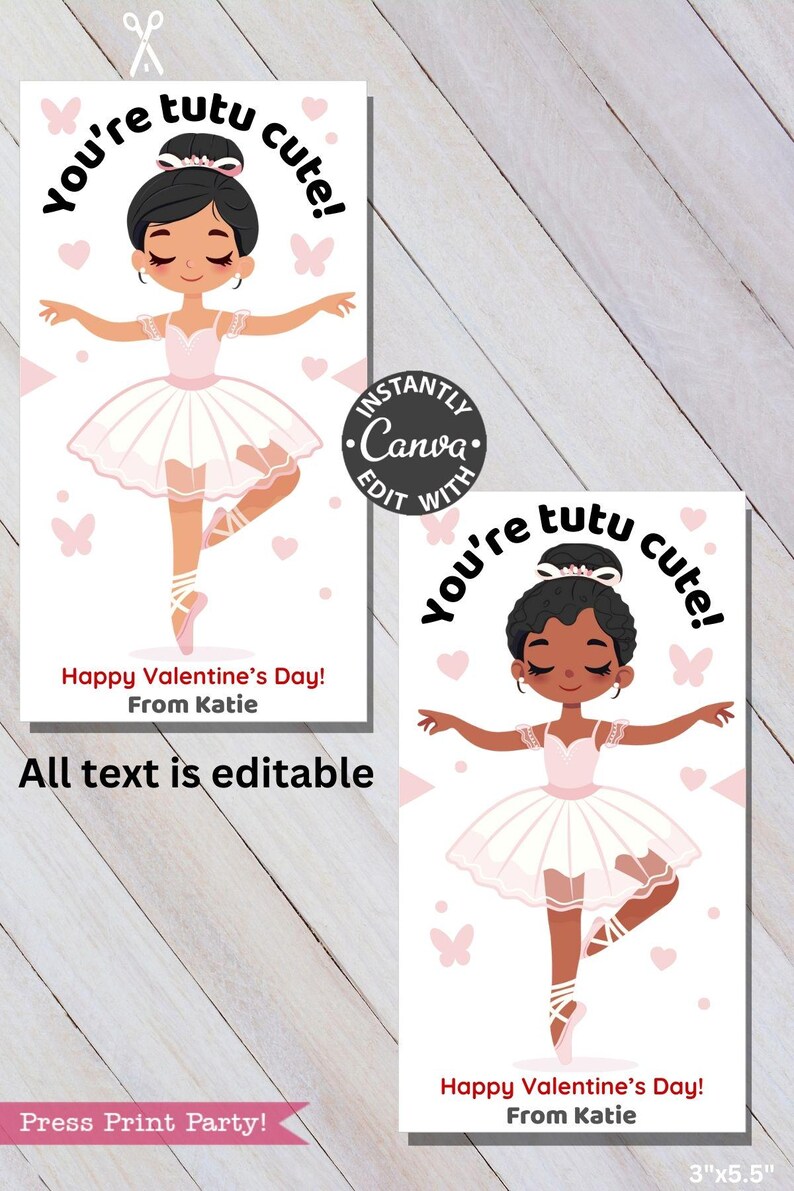 Tutu Ballerina Valentine Cards Printable, Editable Hair Scrunchie Gift ...