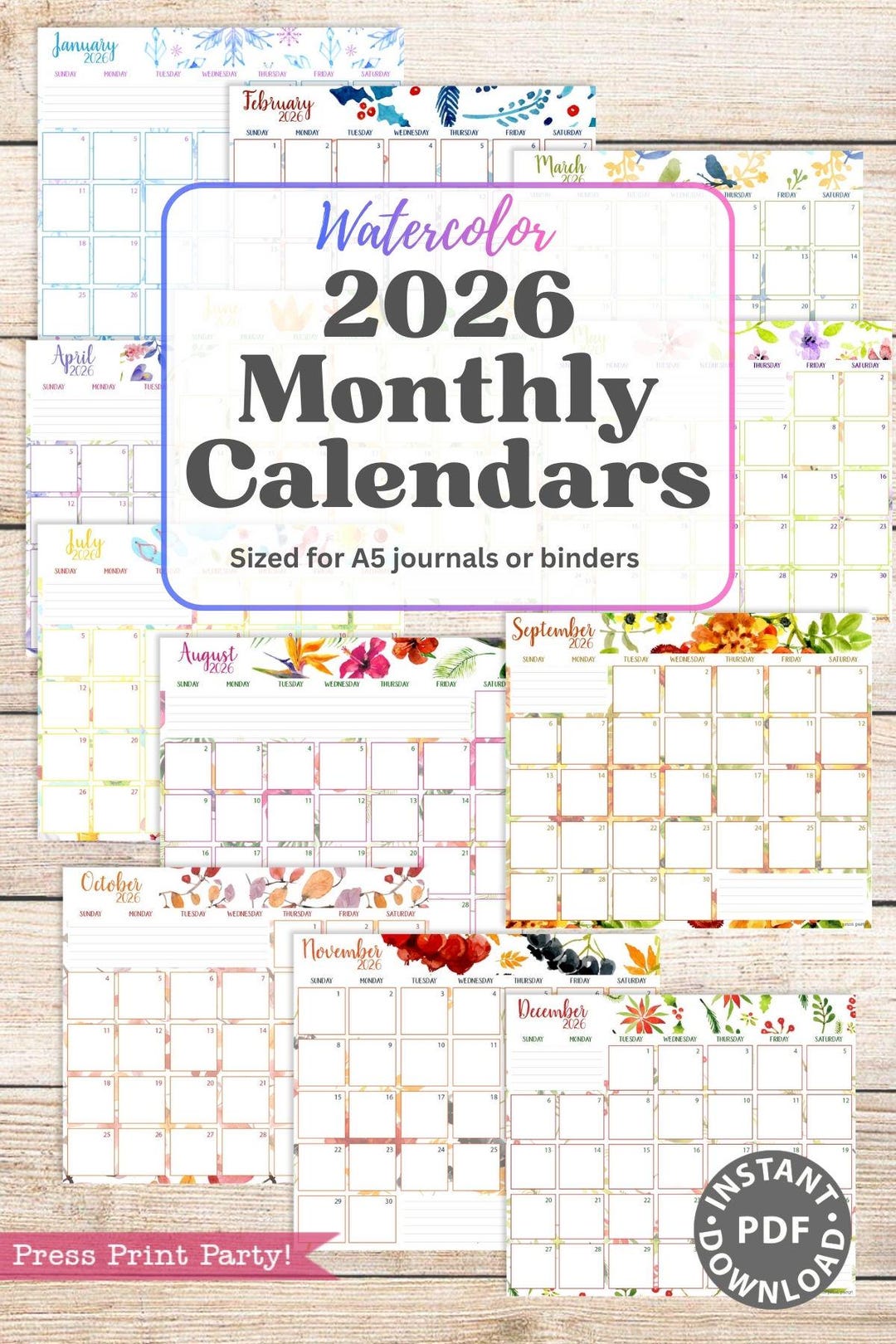 2026 Monthly Calendar Set, Watercolor Floral Design, Printable Planner ...