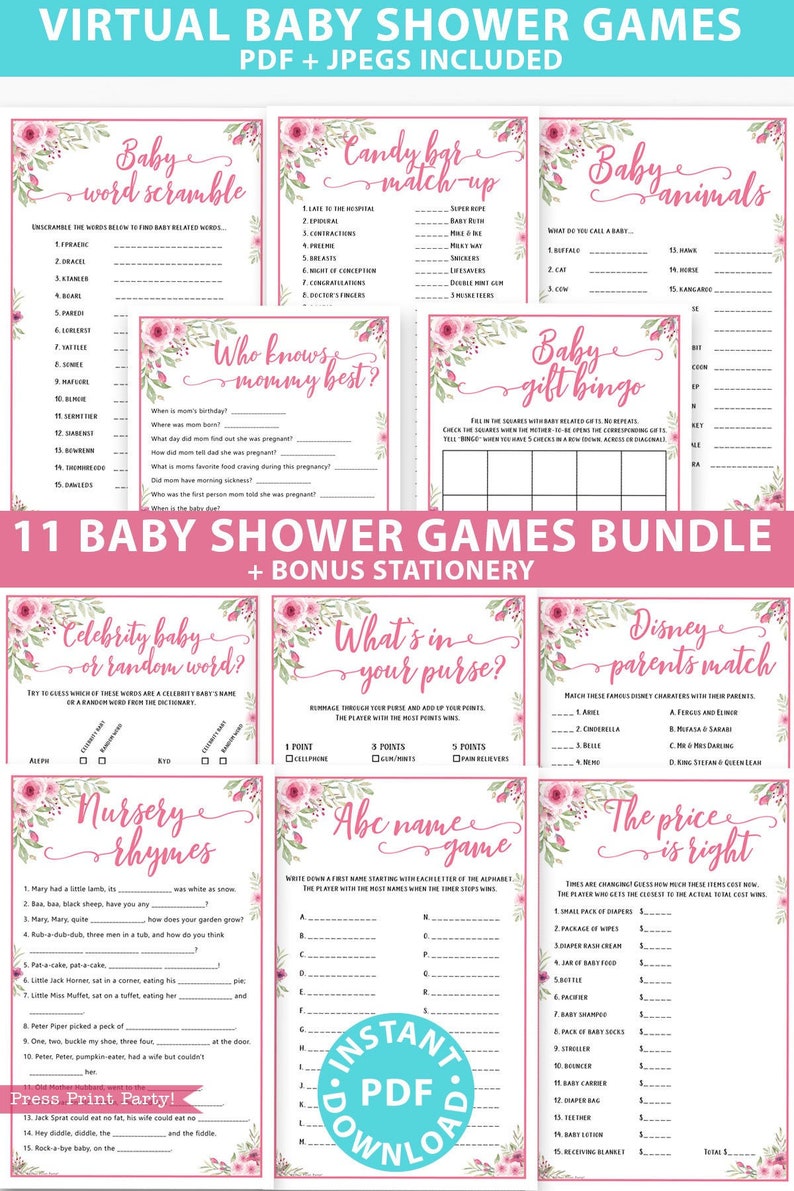 Virtual Baby Shower Games Printable Bundle Pink Flowers - Etsy