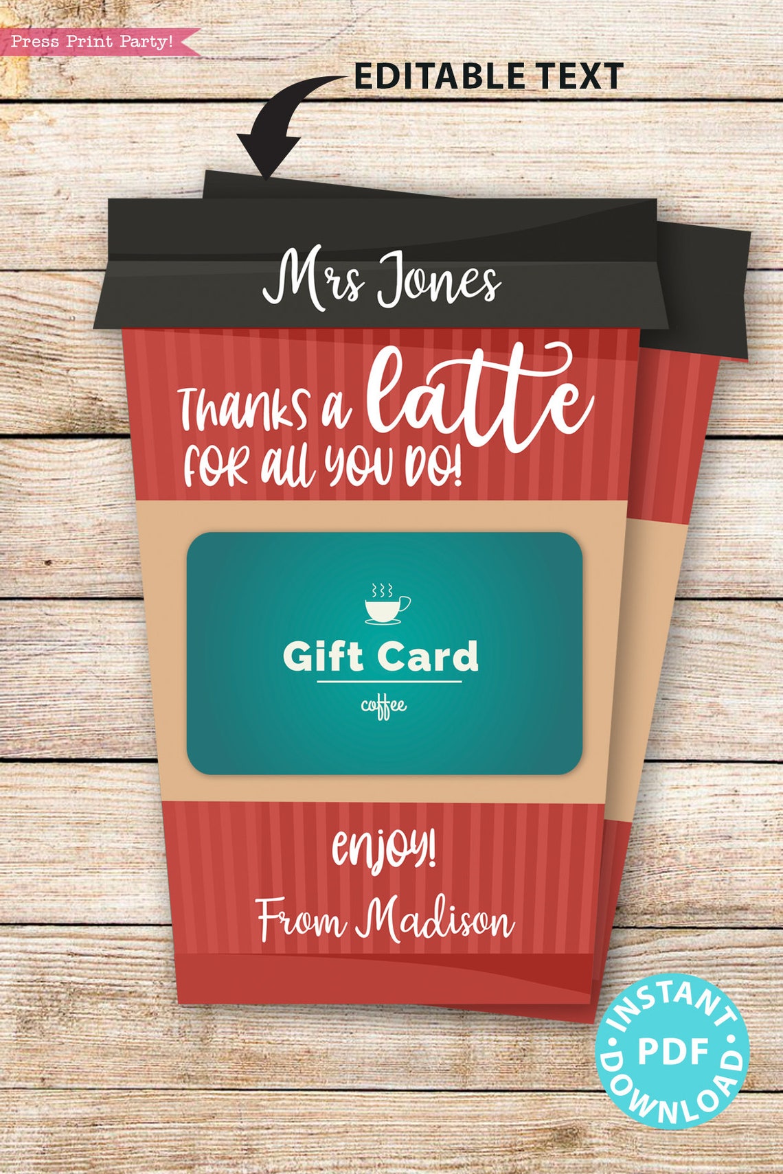 EDITABLE Coffee Gift Card Holder Teacher Gift Printable - Etsy