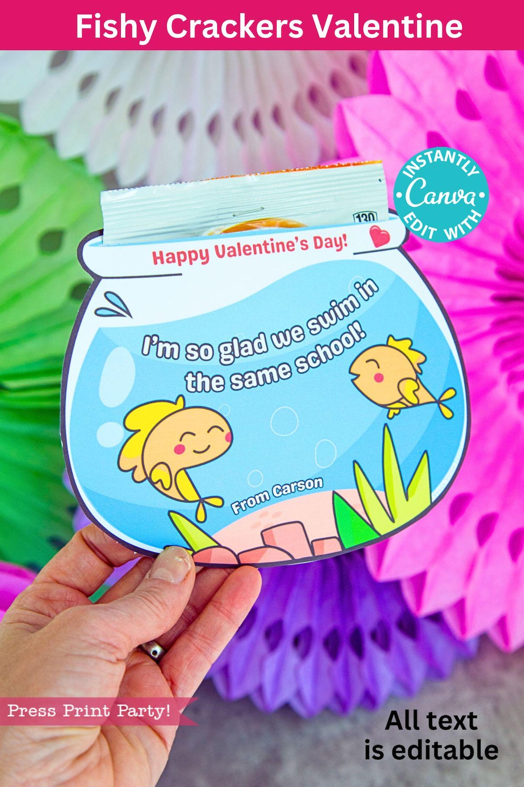 Goldfish Valentine Card Printable Fishy Crackers Personalized Classroom ...