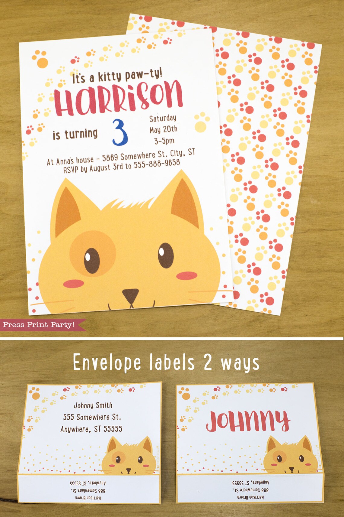 Cat Birthday Invitation Cat Party Invitation Kitty Cat - Etsy
