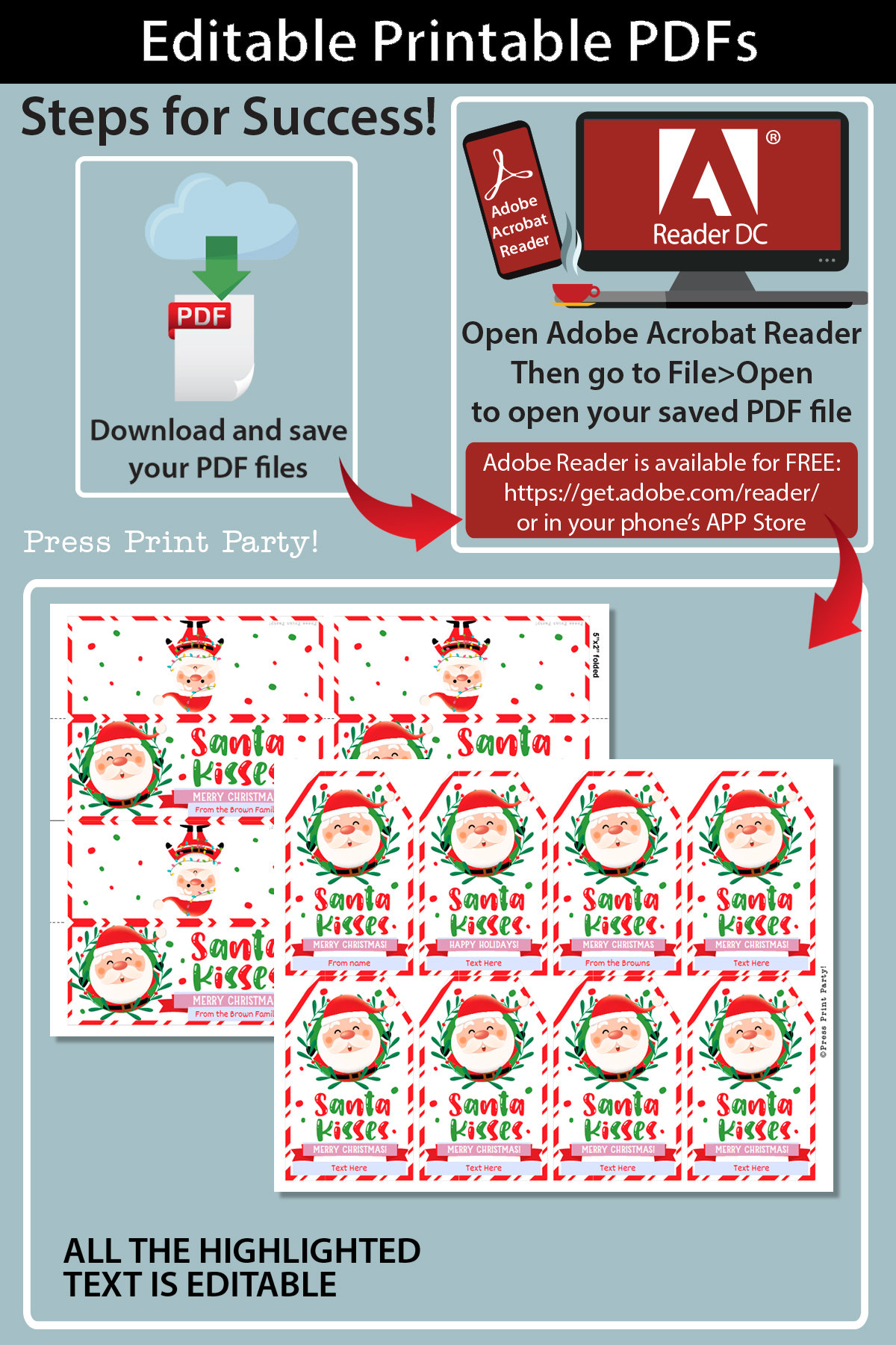 SANTA Kisses Christmas Treat Bag Toppers and Tag, Editable, Classroom ...