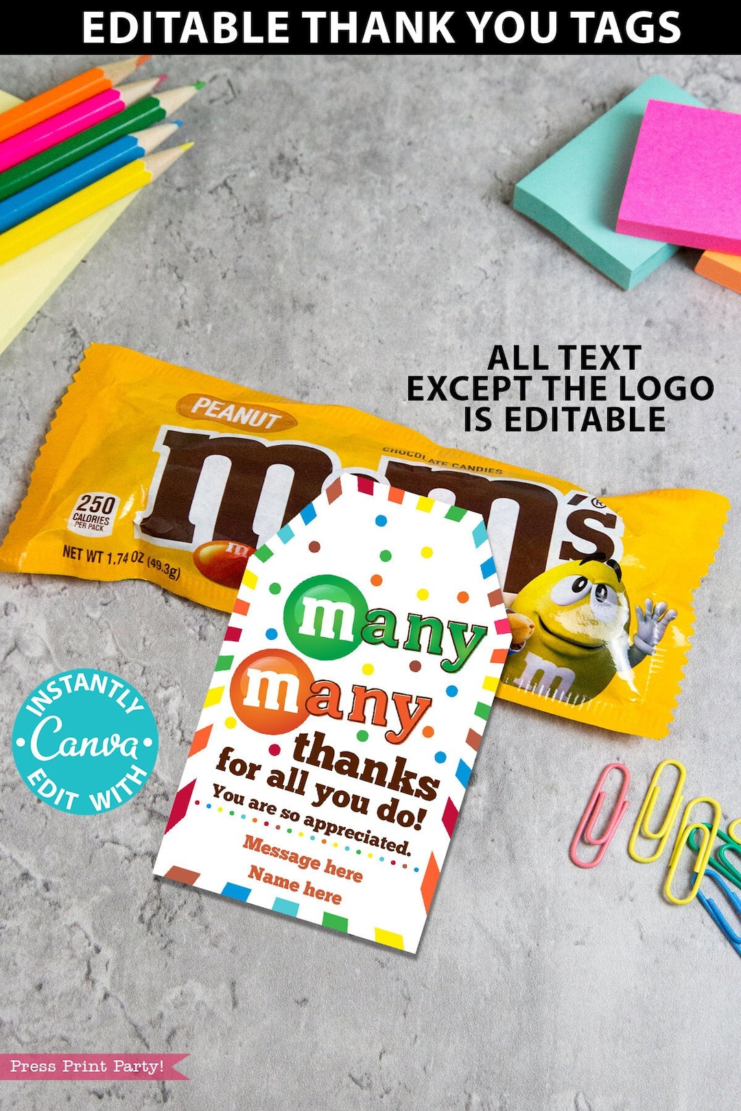M&ms Thank You Gift Tag Printable Teacher Appreciation Week Nurse ...