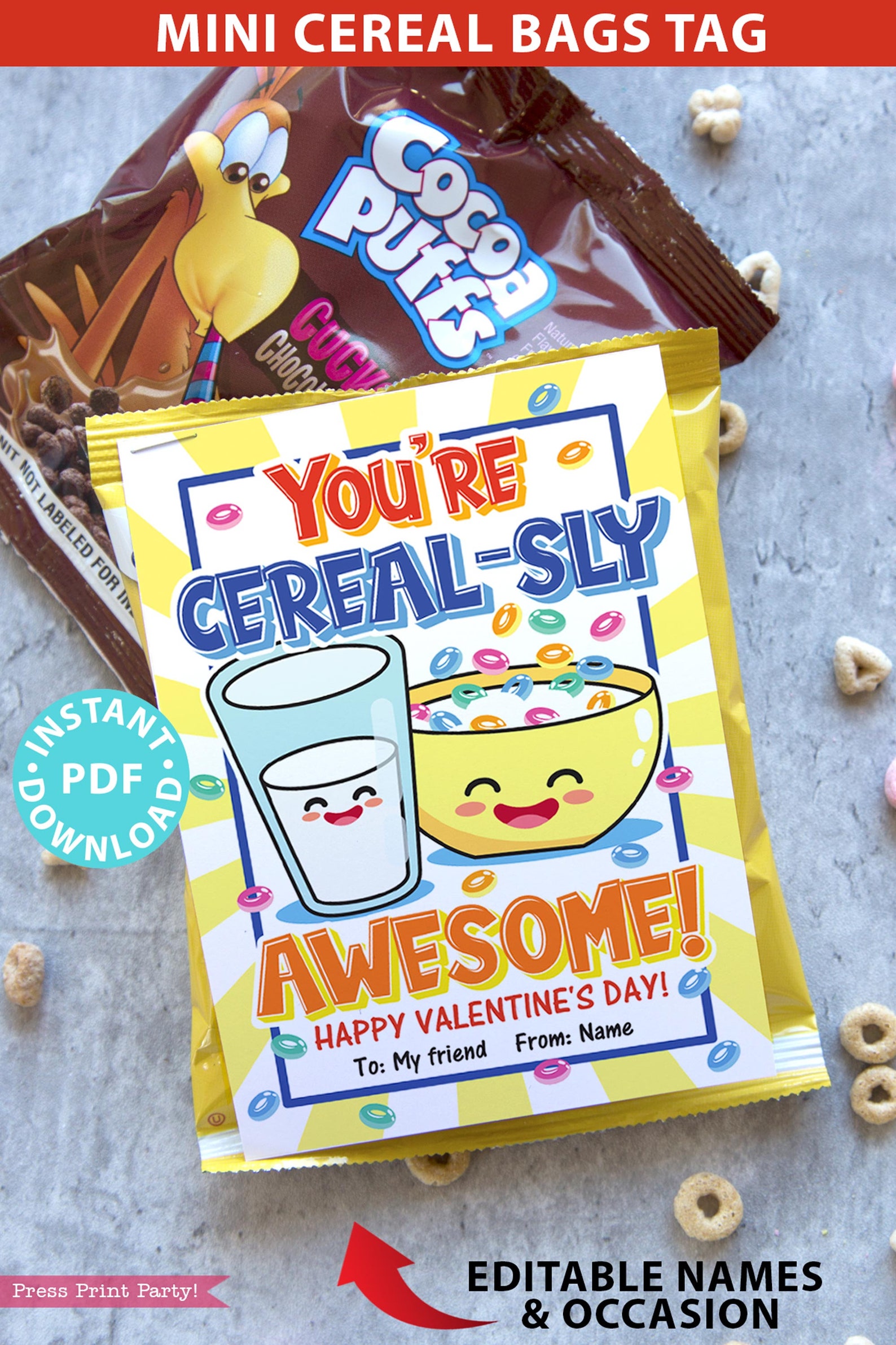 Valentine Tag Cereal Bags/ Boxes, Kids Valentines Cards Printable ...