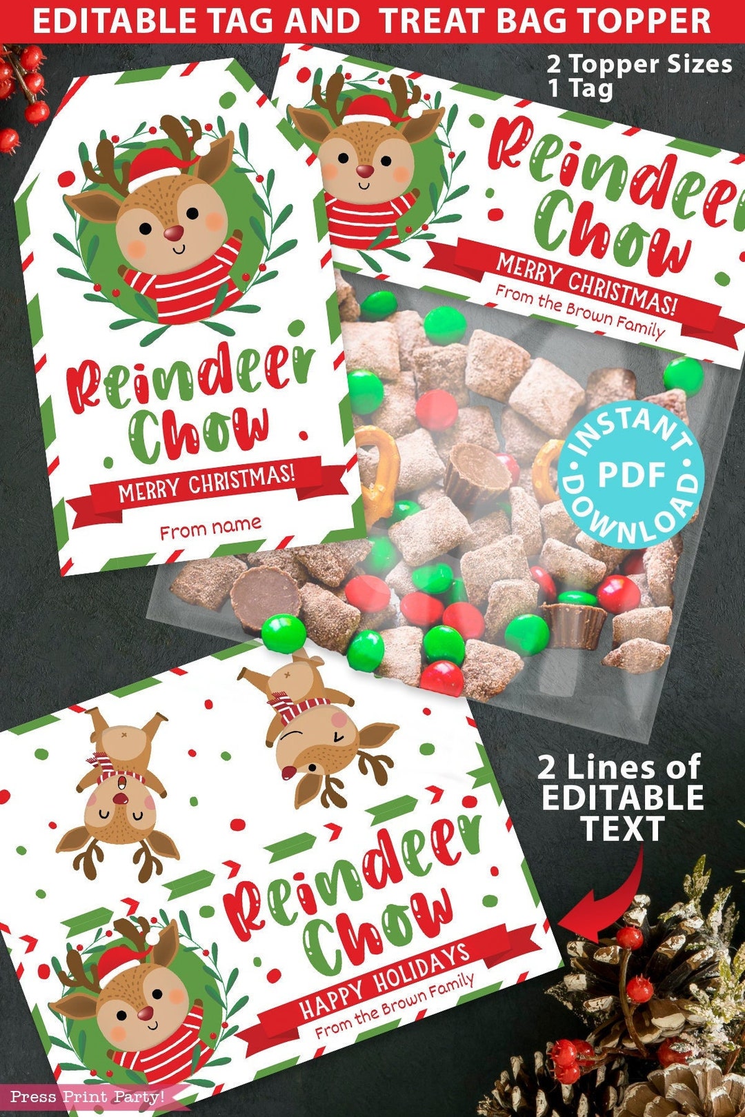 Reindeer Chow Christmas Treat Bag Toppers and Tag, Editable, Classroom ...