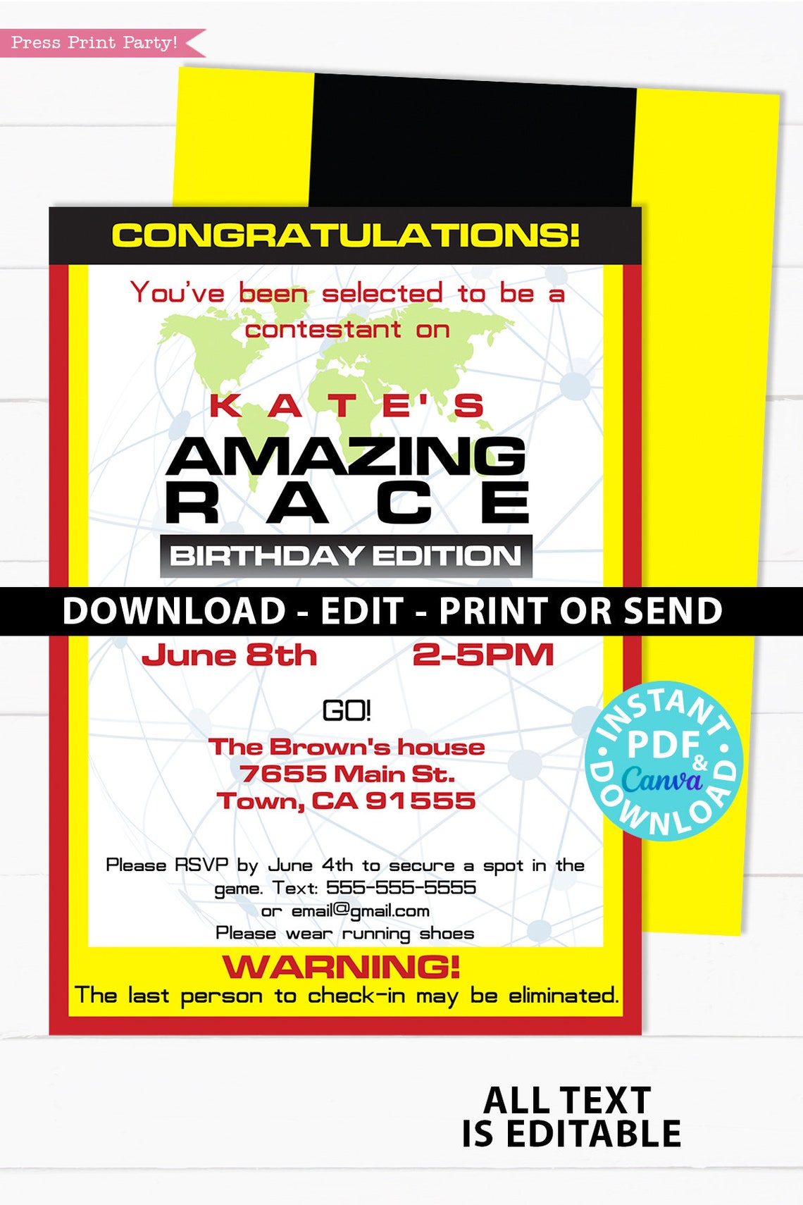 The Amazing Race Party Invitation Printable, Editable, Route Marker ...
