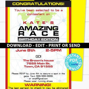 The Amazing Race Party Invitation Printable, Editable, Route Marker ...