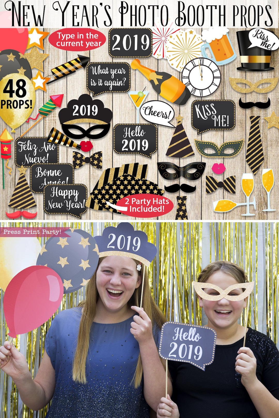 New Years Props Printable, Photo Booth Props, New Years Eve Decorations ...