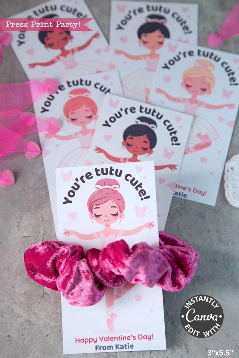 Tutu Ballerina Valentine Cards Printable, Editable Hair Scrunchie Gift ...