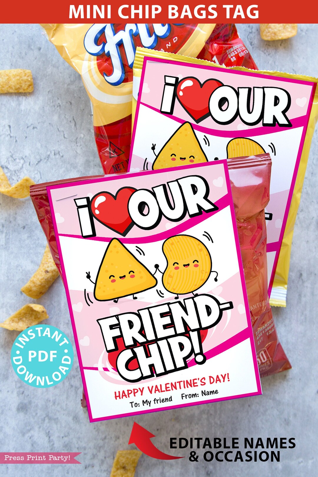 Valentine Chip Bag Tag Printable Pink, Kids Valentines Cards for School ...