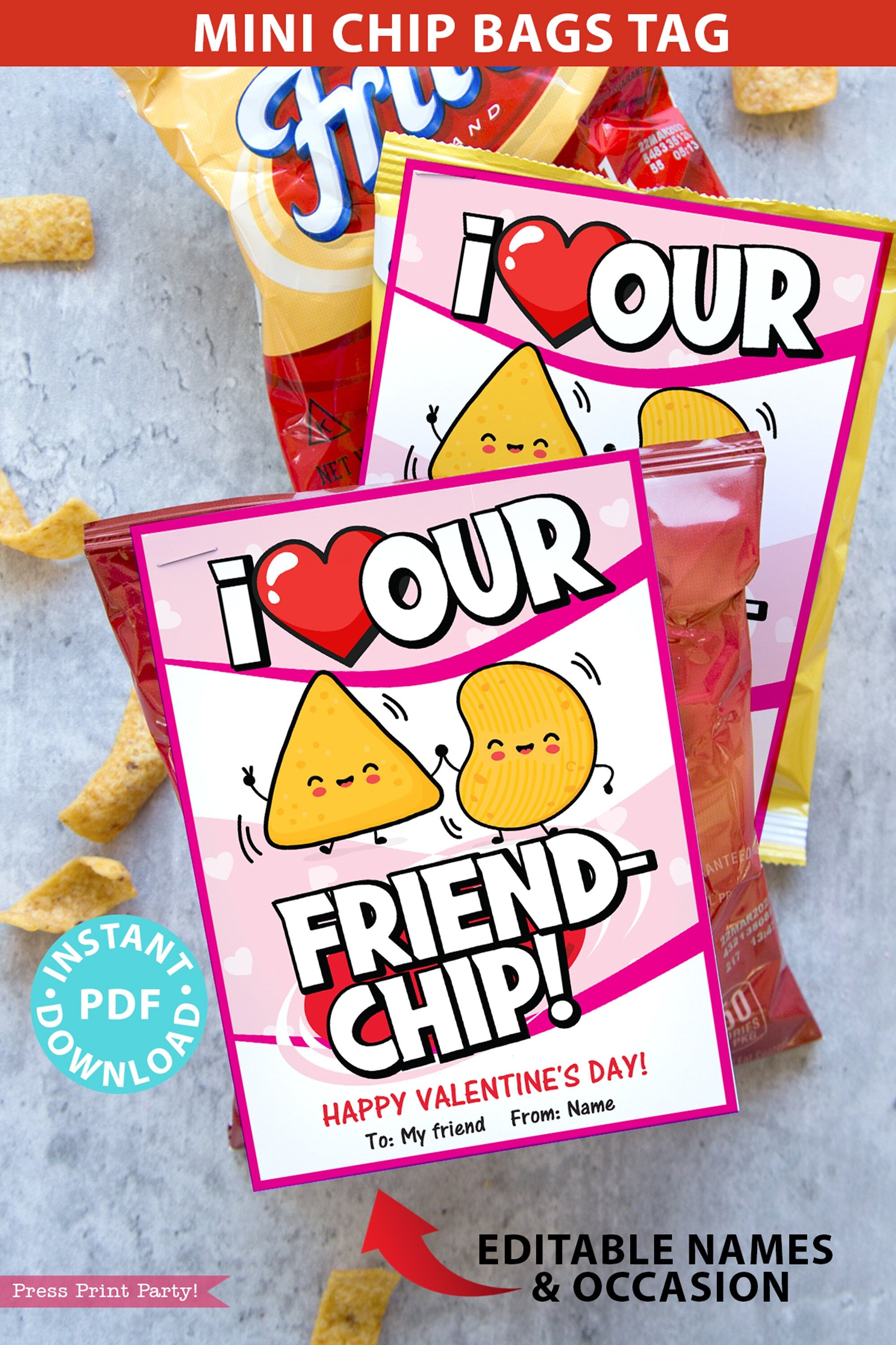 Valentine Chip Bag Tag Printable Pink Kids Valentines Cards - Etsy Canada