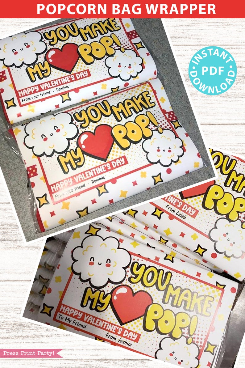 Valentine Popcorn Wrap Printable Personalized Popcorn Bags Tags Kids ...
