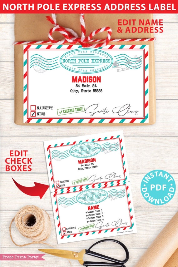 EDITABLE Christmas Address Label Printable, North Pole Express Mail ...