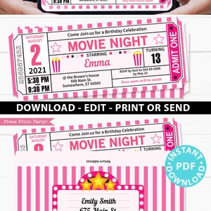 Movie Party Decor Printables PINK, Movie Night Invitation, Birthday ...