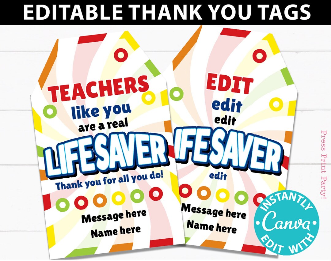 Lifesaver Thank You Gift Tags Printable Teacher Appreciation Week Nurse ...