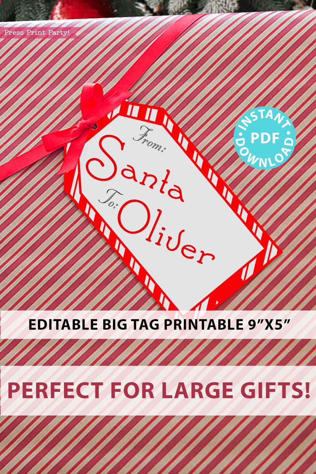 BIG Christmas Gift Tag From Santa Red Stripe Editable Printable ...