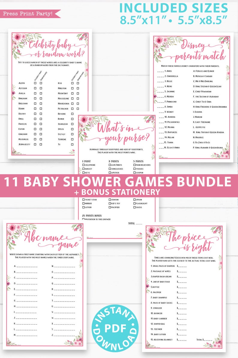 Virtual Baby Shower Games Printable Bundle Pink Flowers - Etsy