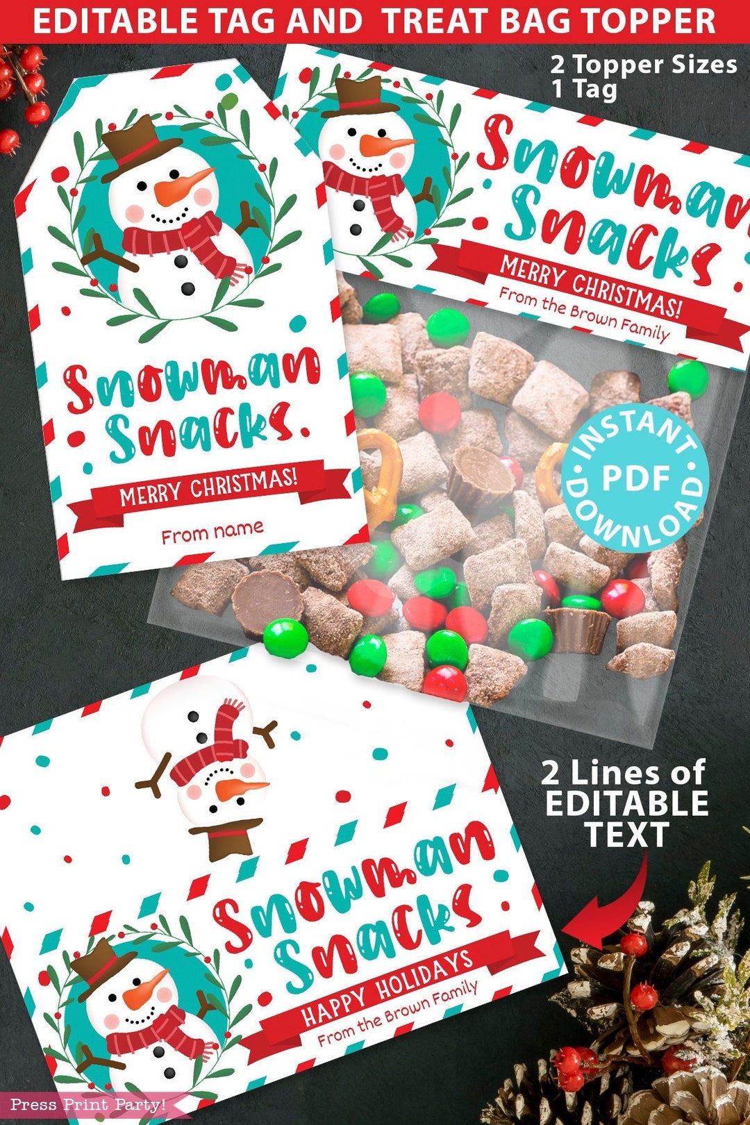 Snowman Snacks Christmas Treat Bag Toppers and Tag, Editable, Classroom ...
