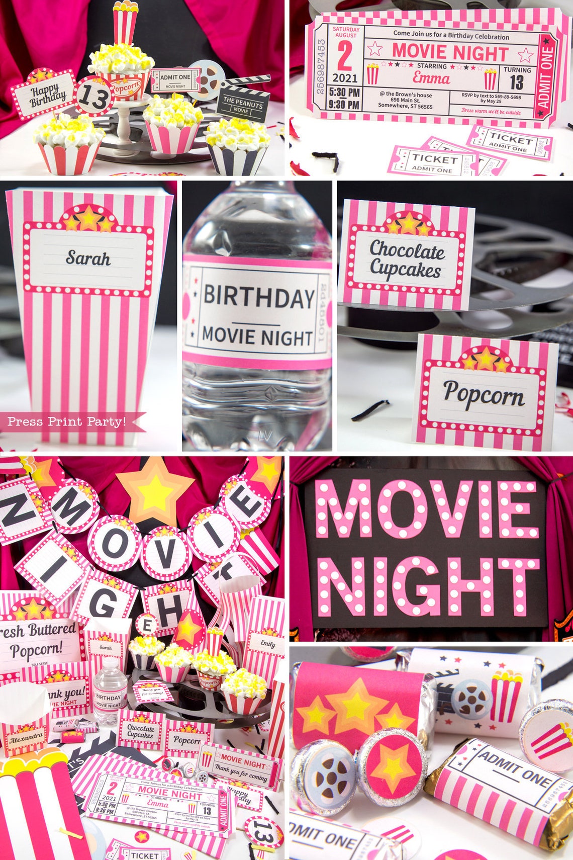 Movie Party Decor Printables PINK, Movie Night Invitation, Birthday ...