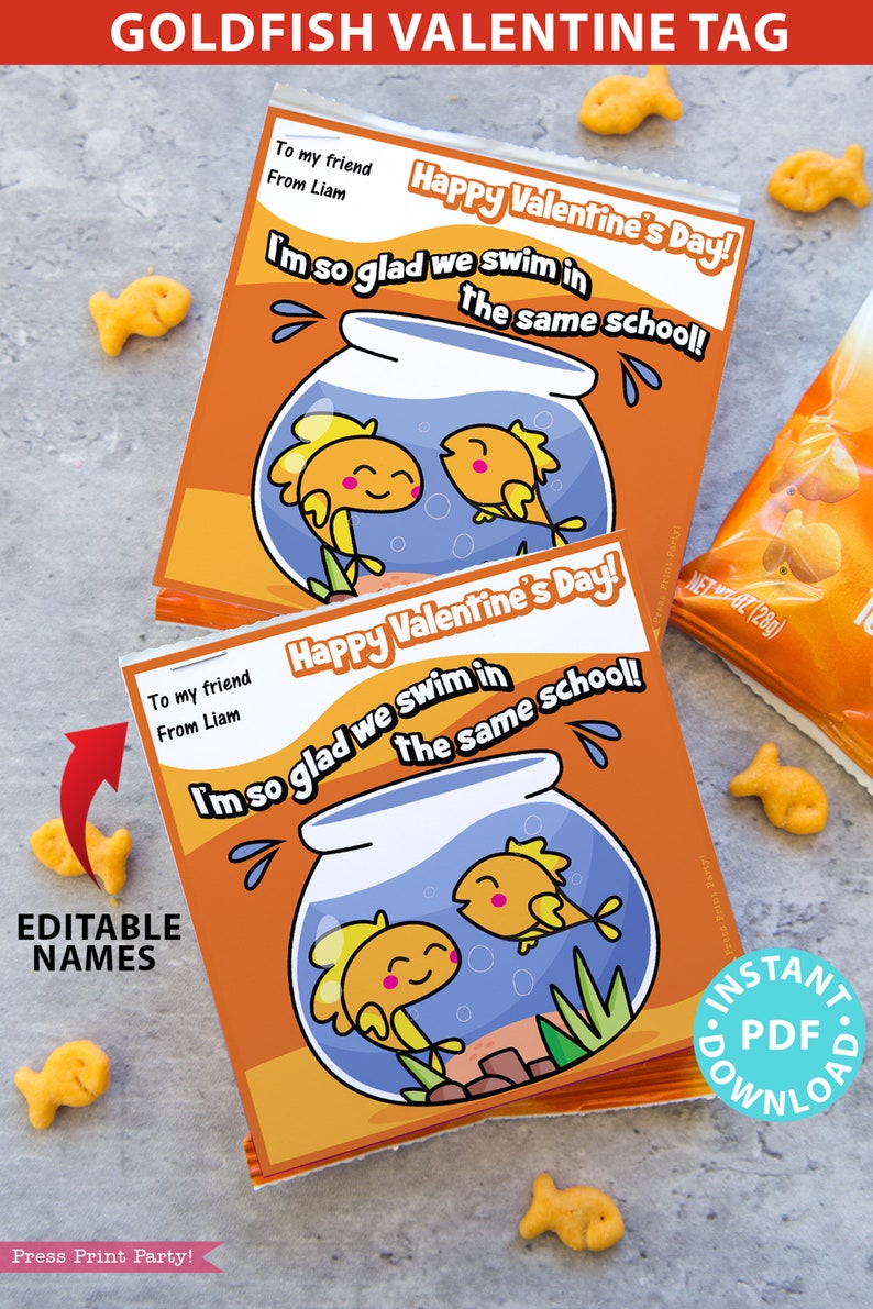 Goldfish Valentine Printable Tag Kids Valentines Cards - Etsy