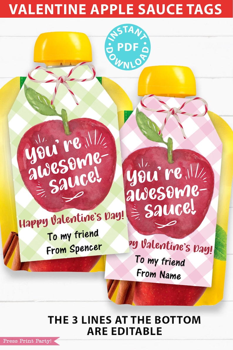 Applesauce Valentine Tag for Kids Printable for Apple Sauce - Etsy