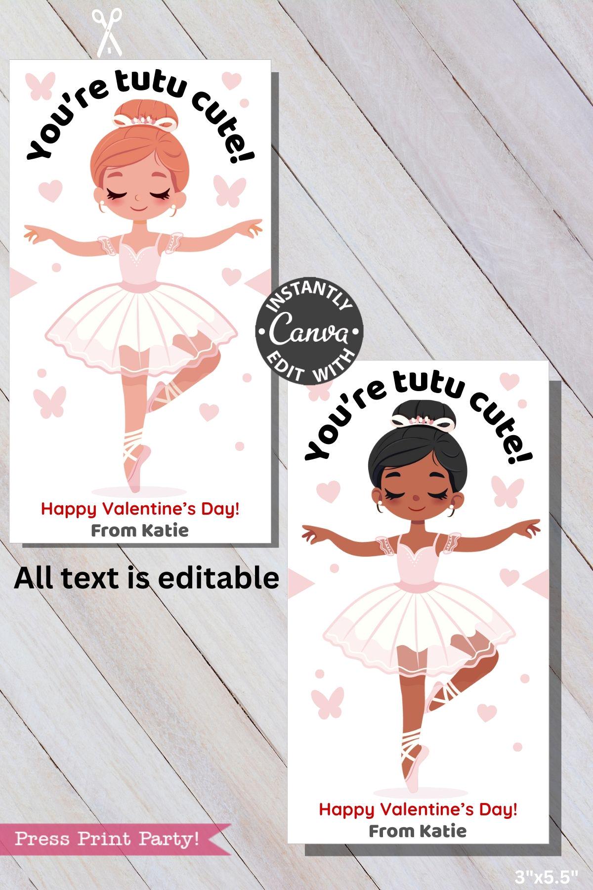 Tutu Ballerina Valentine Cards Printable, Editable Hair Scrunchie Gift ...