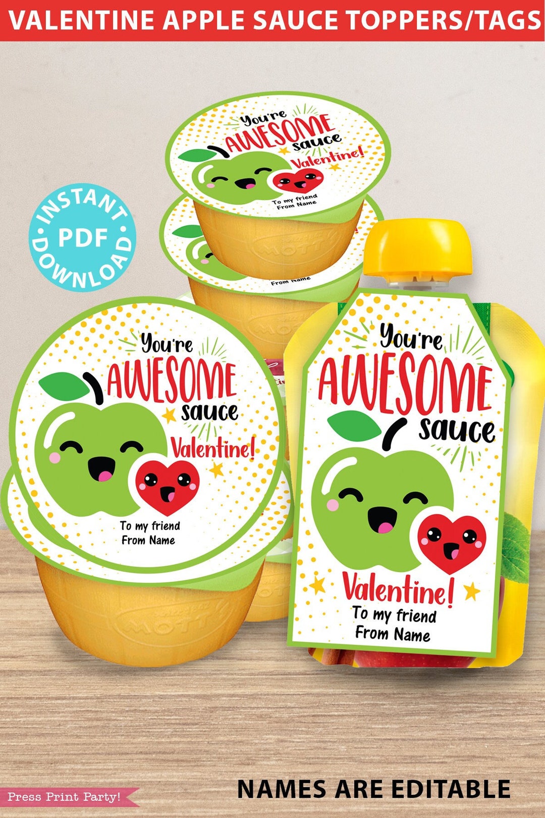 Applesauce Valentine Tags for Kids Printable for Pouches or Cups. Makes ...