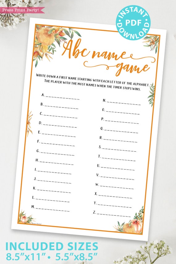 Little Pumpkin ABC Baby Shower Game Printable, Name Game, Baby Shower ...