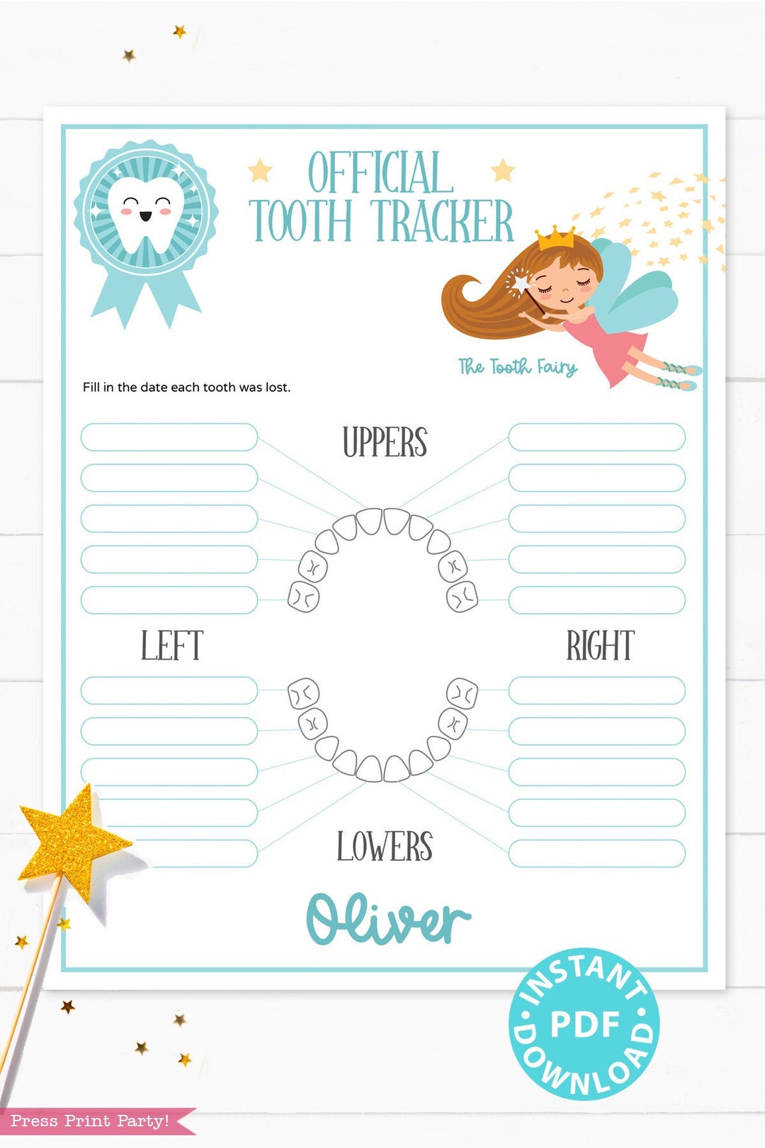 Baby Teeth Chart With the Tooth Fairy Printable, Lost Tooth Tracker ...