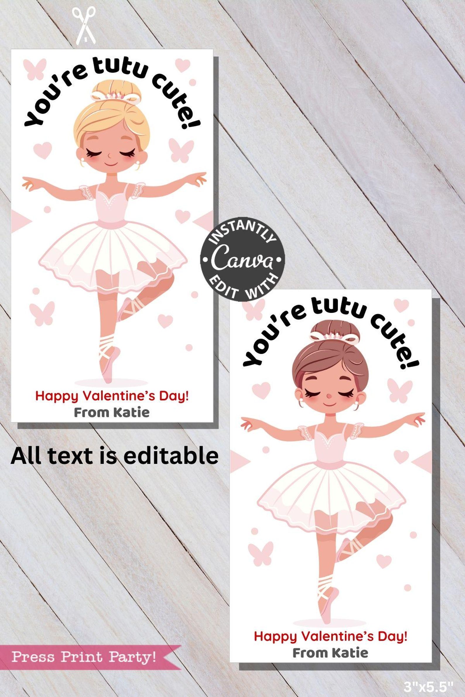 Tutu Ballerina Valentine Cards Printable, Editable Hair Scrunchie Gift ...