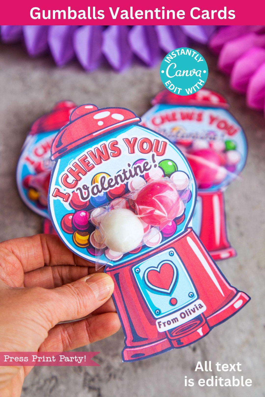 Gumball Valentine Card Printable Adorable Personalized Classroom ...