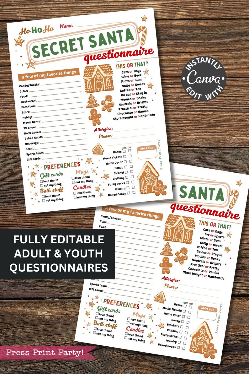 Gingerbread Secret Santa Kit Printable, Editable Questionnaire Sign up ...