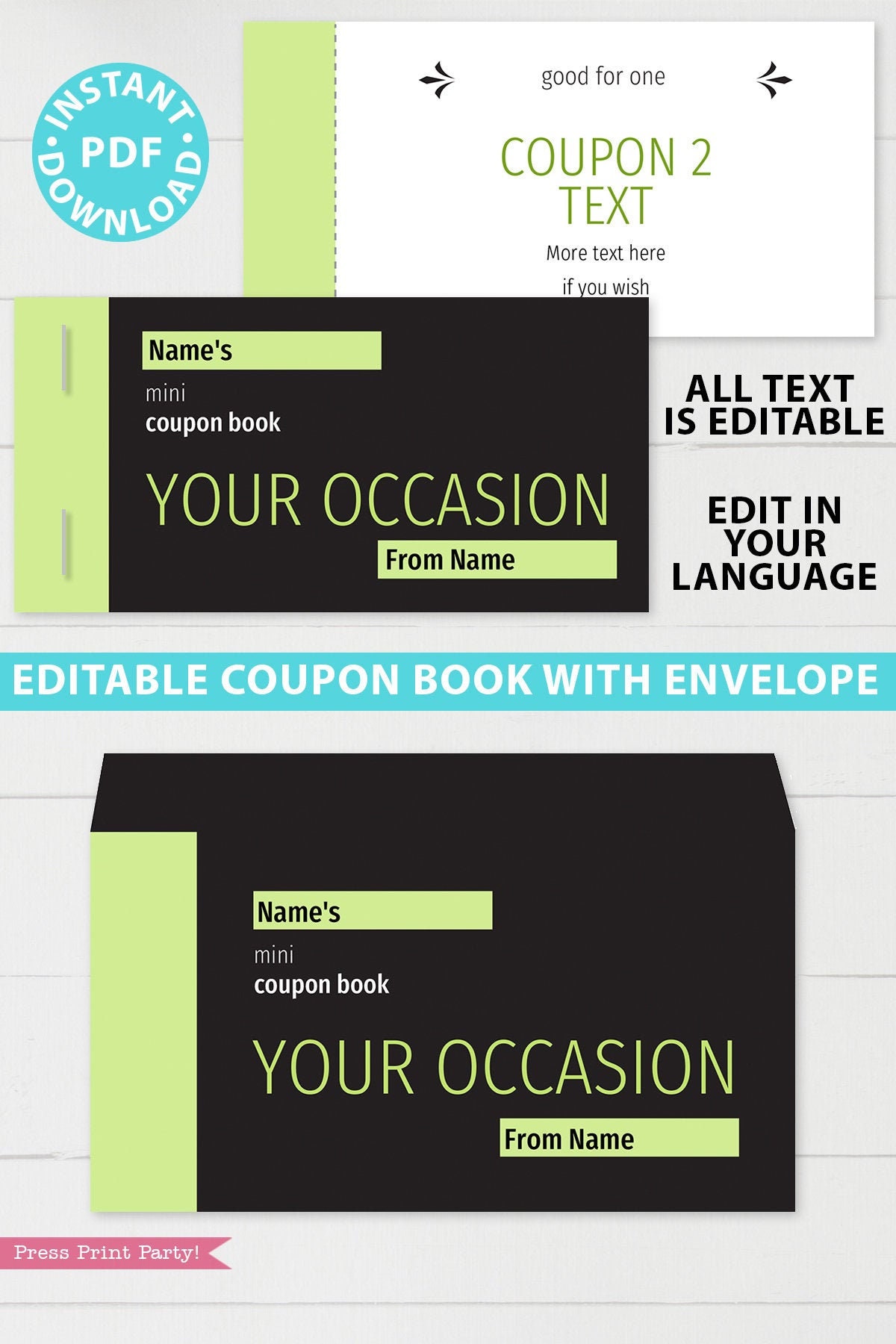Printable Coupon Book Template Green, Any Occasion Gift Idea, Editable ...