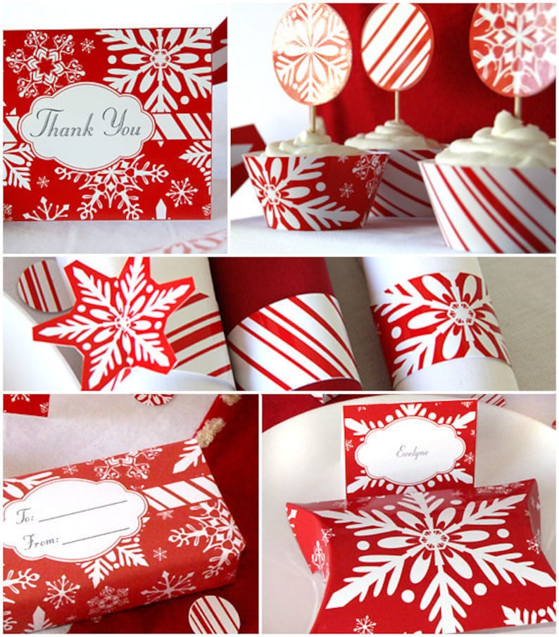 Christmas Party Printables Red Snowflakes Complete Set - Etsy