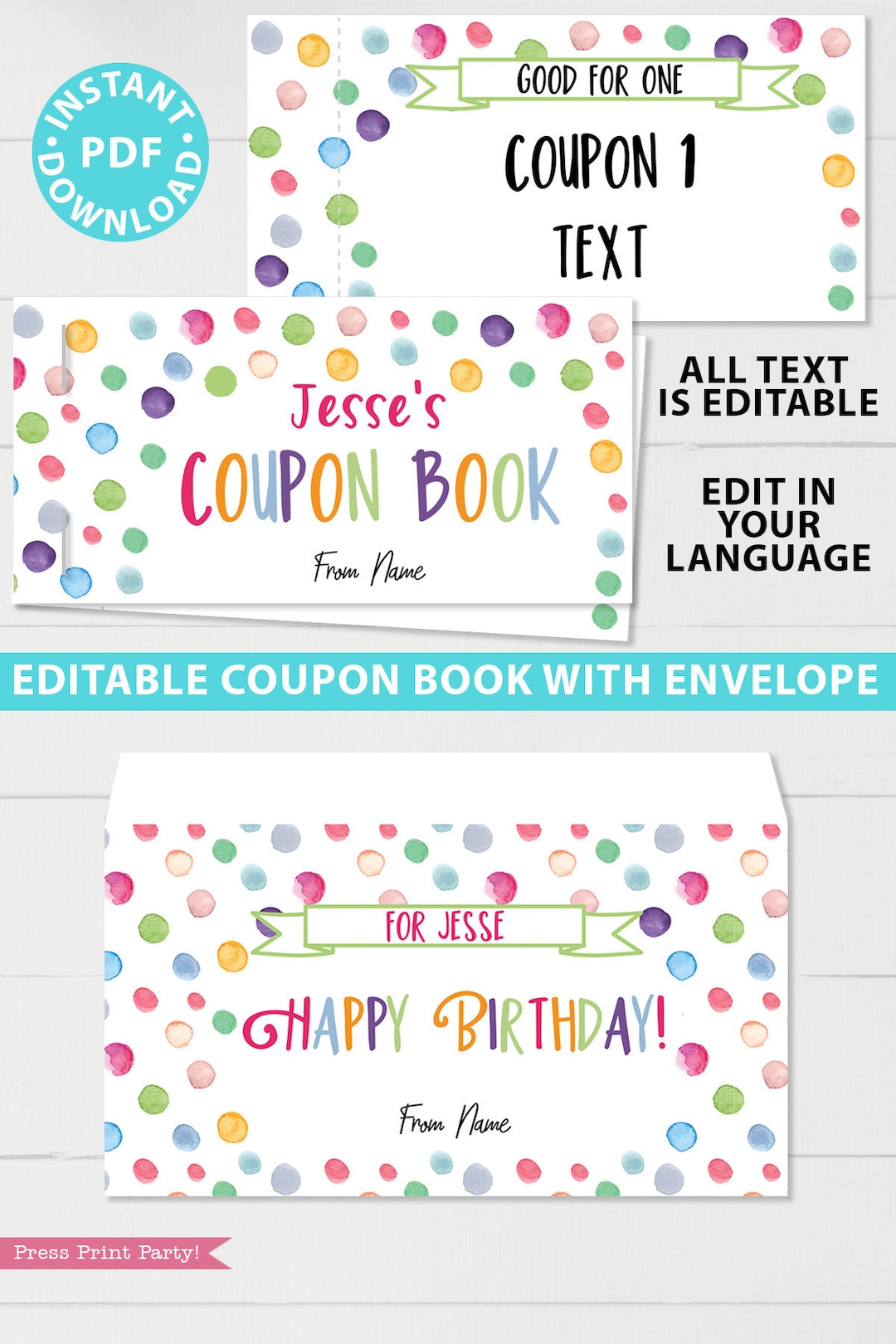 Birthday Coupons Book Printable, Personalized Gift Idea, Confetti ...