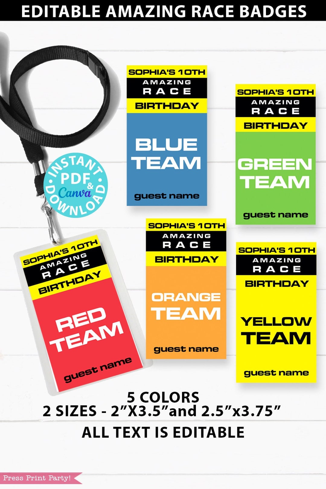 Editable the Amazing Race Party Team Badges Printables, 5 Colors, 2 ...