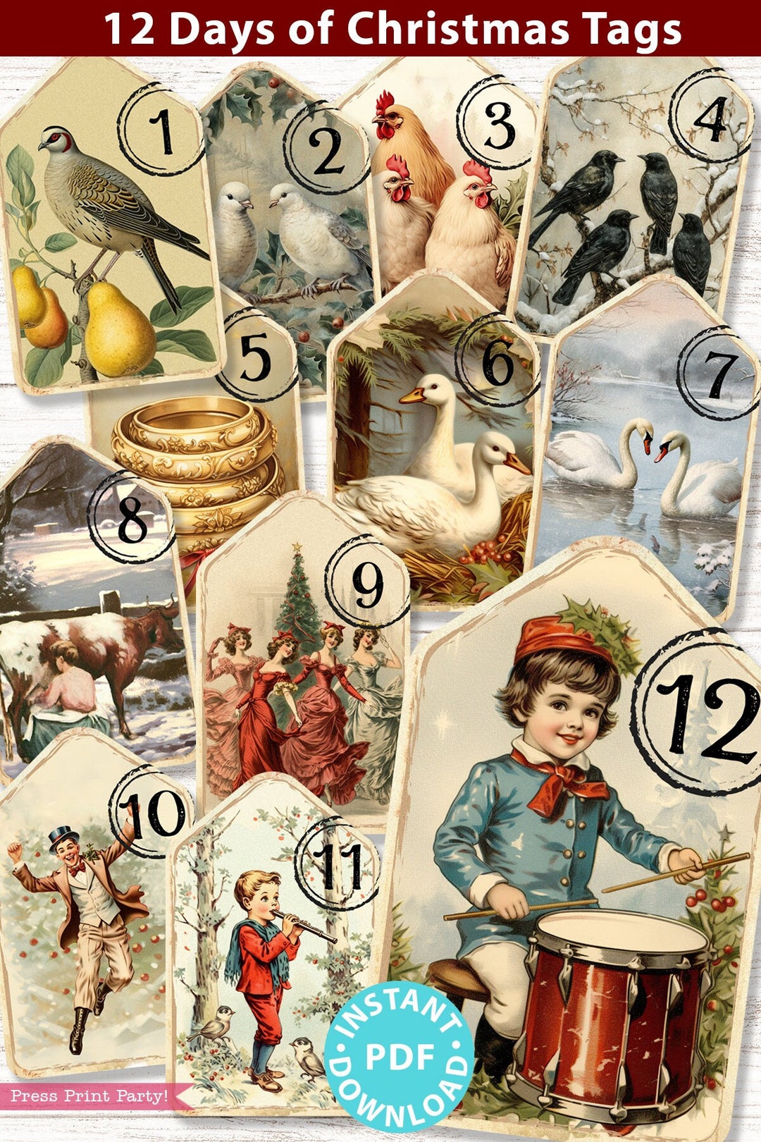 12 Days of Christmas Tags Printable Vintage Christmas Junk Journal ...