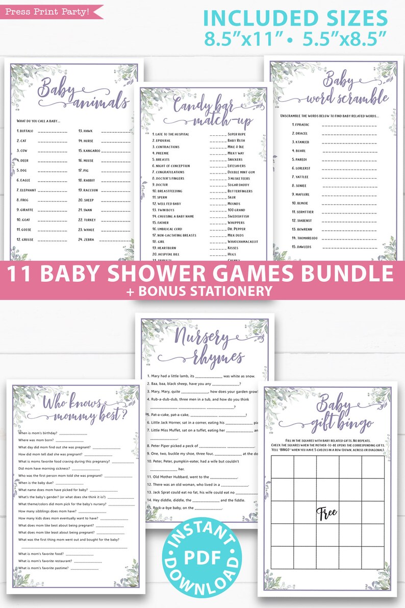 Virtual Baby Shower Games Printable Bundle Greenery & Purple | Etsy
