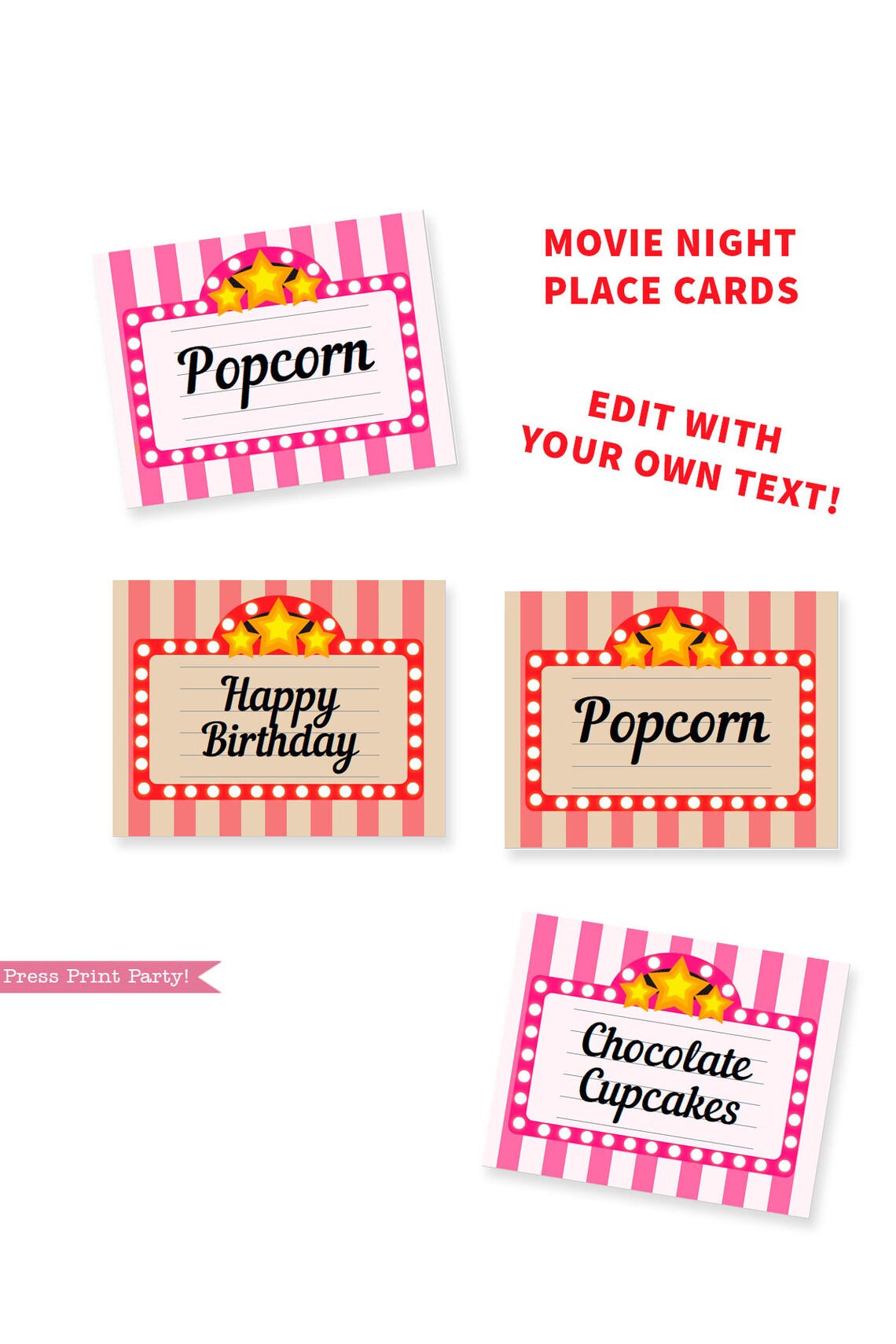 Movie Night Food Labels Printables Movie Night Place Cards. - Etsy