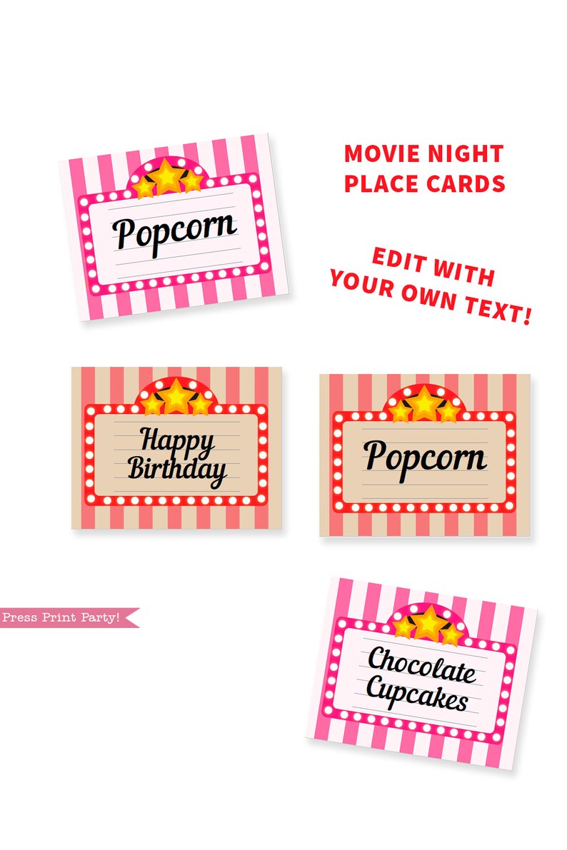 Movie Night Food Labels Printables Movie Night Place Cards. - Etsy