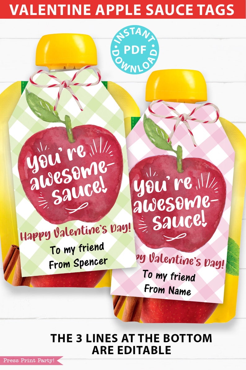 Kids Valentines Gift Tags for Applesauce Pouch, You're Awesomesauce ...